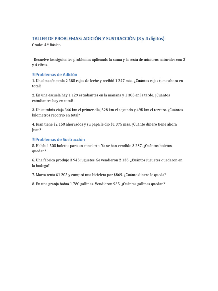 Taller Problemas Adicion Sustraccion | PDF