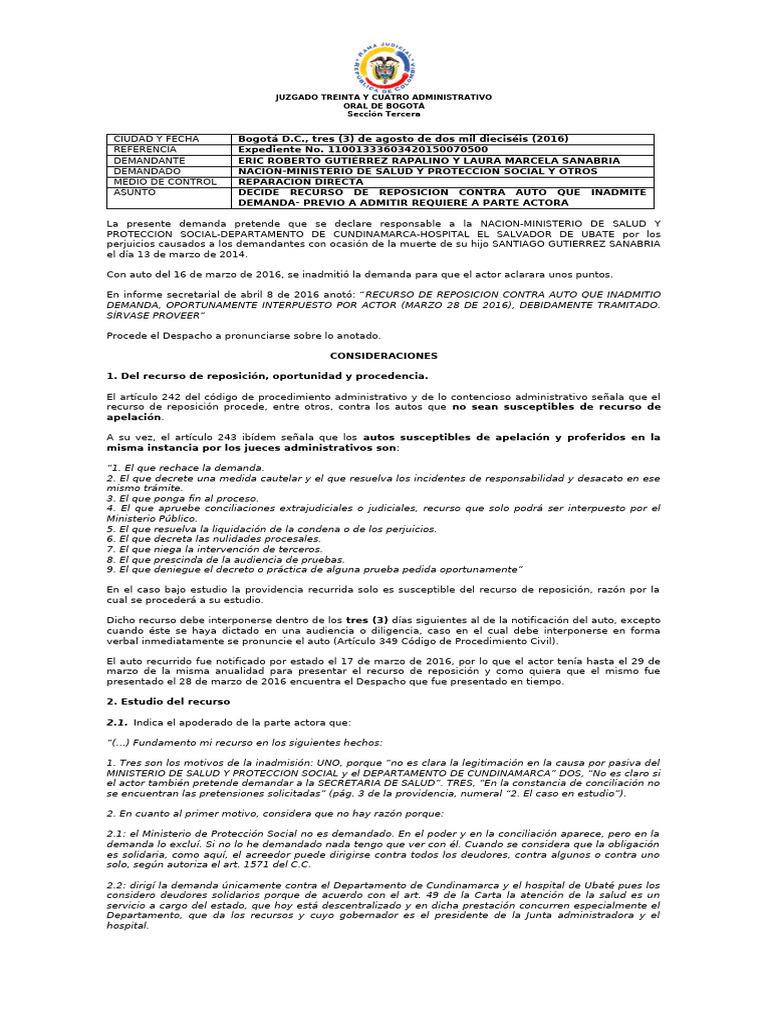 Decide Recurso de Reposición Contra Auto Que Inadmite Demanda - Previo A Admitir Requiere A ...