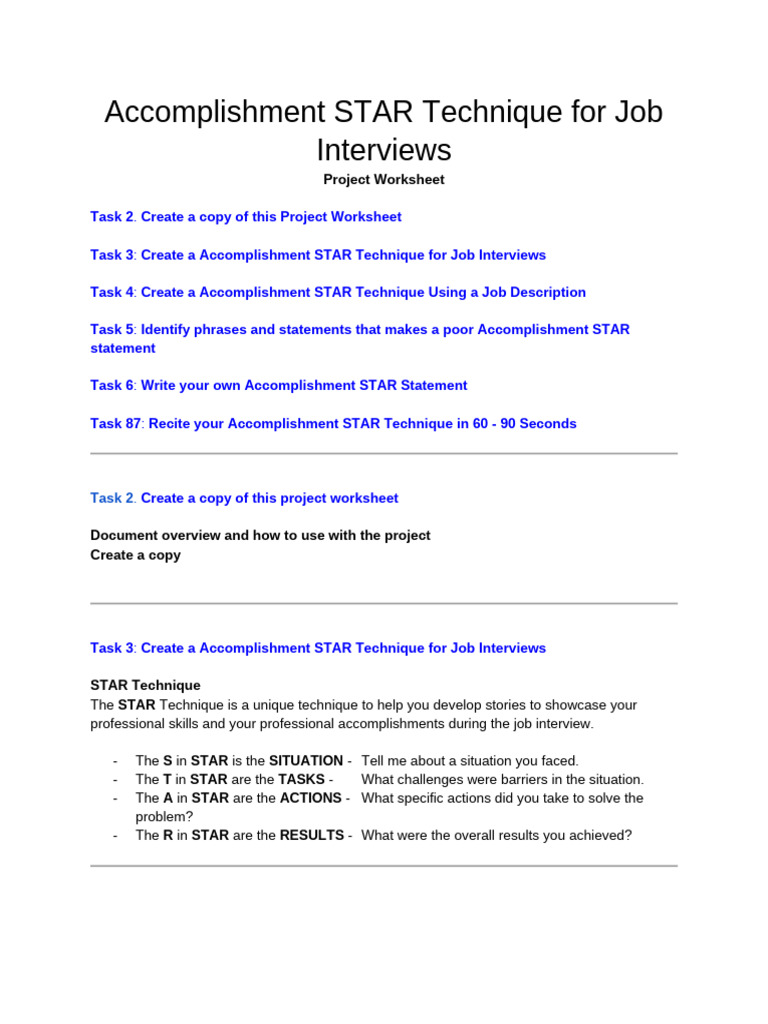 Accomplishment STAR Technique For Job Interviews Project Worksheet 1 ...