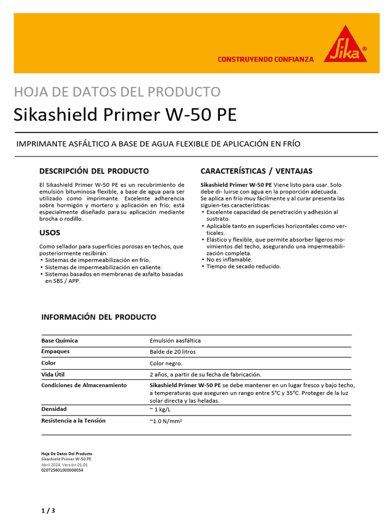 Sikashield Primer W-50 PE: Imprimante Flexible | PDF | Agua | Materiales