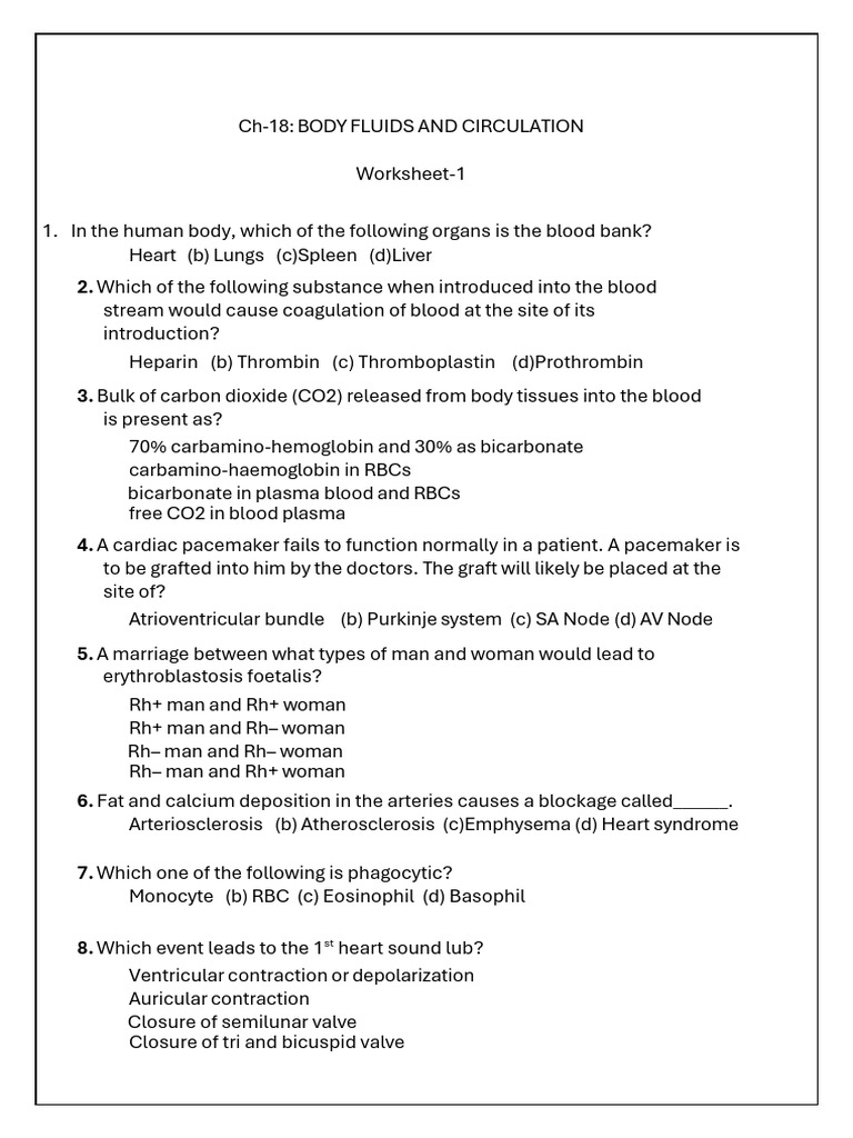 MCQ Worksheet-1 - CH Body Fluids | PDF | Heart | Diastole
