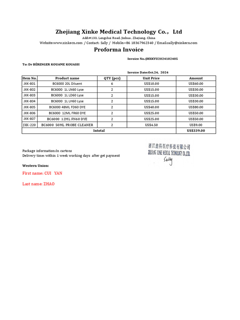 Zhejiang Xinke Medical Technology Co. LTD Proforma Invoice: Item No ...