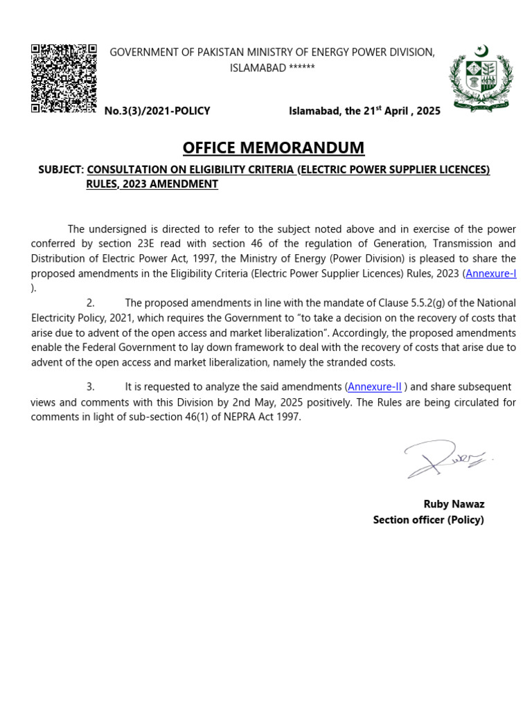 Consultation On Eligibility Criteria Rules | PDF | License | Electrical ...