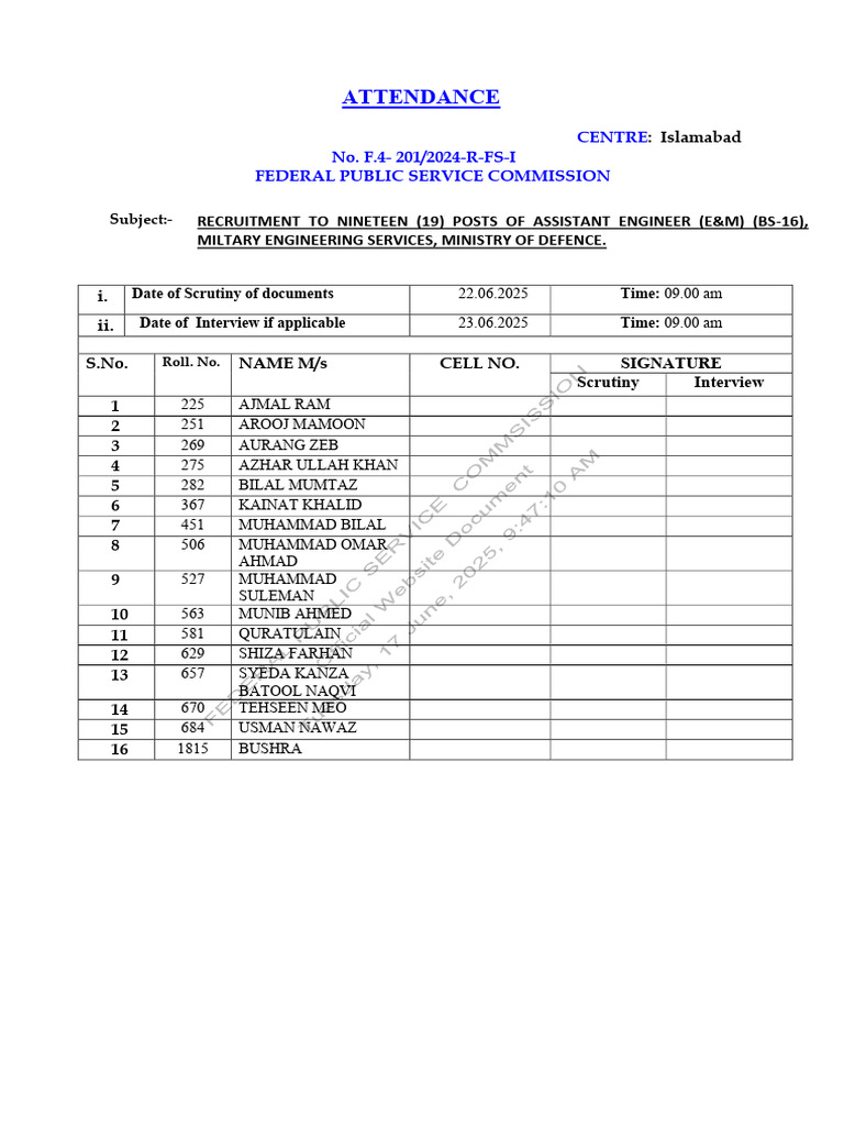 Attendance: Centre No. F.4-201/2024-R-FS-I Federal Public Service ...
