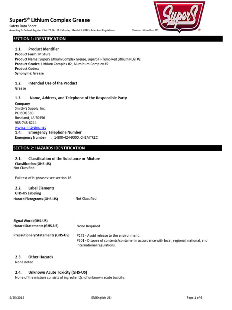SuperS Lithium Complex Grease SDS | PDF | Occupational Safety And ...