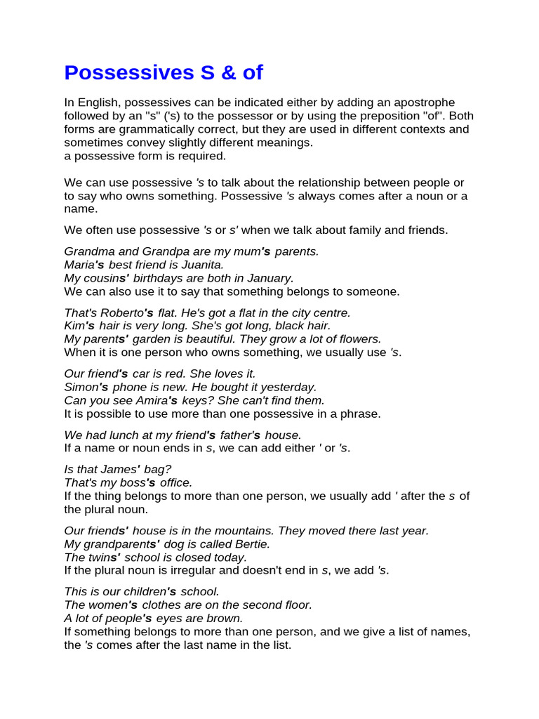 Possessives S UNIT 3 Exercise | PDF | Noun | Plural