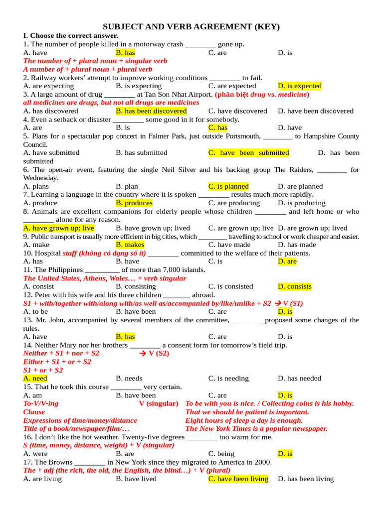 Subject and Verb Agreement - Key | PDF | Linguistics | Syntax