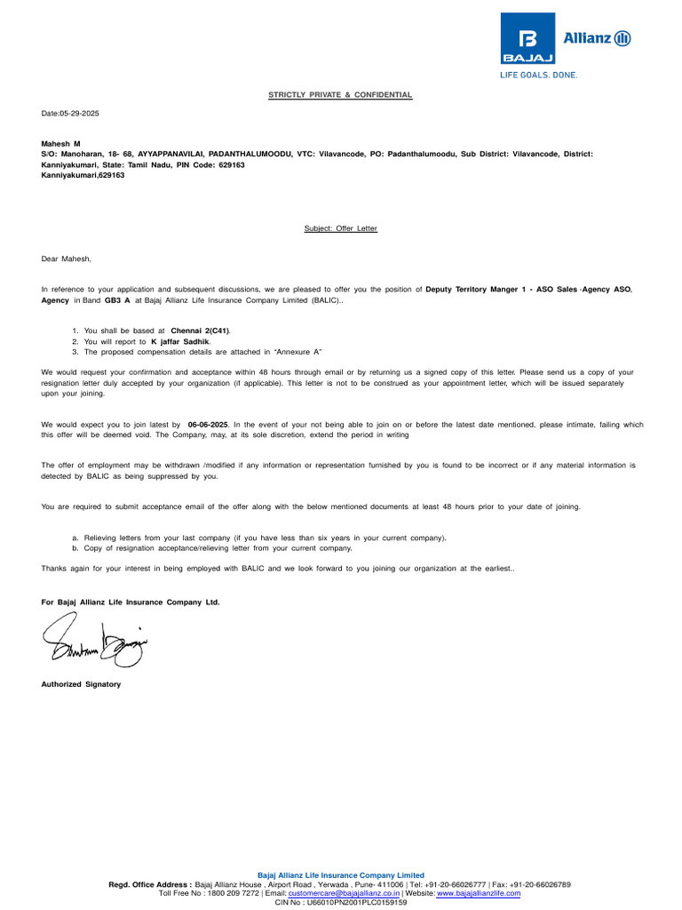 Offer Letter CAN005405 | PDF