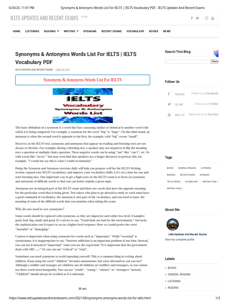 Synonyms & Antonyms Words List For IELTS - IELTS Vocabulary PDF - IELTS ...
