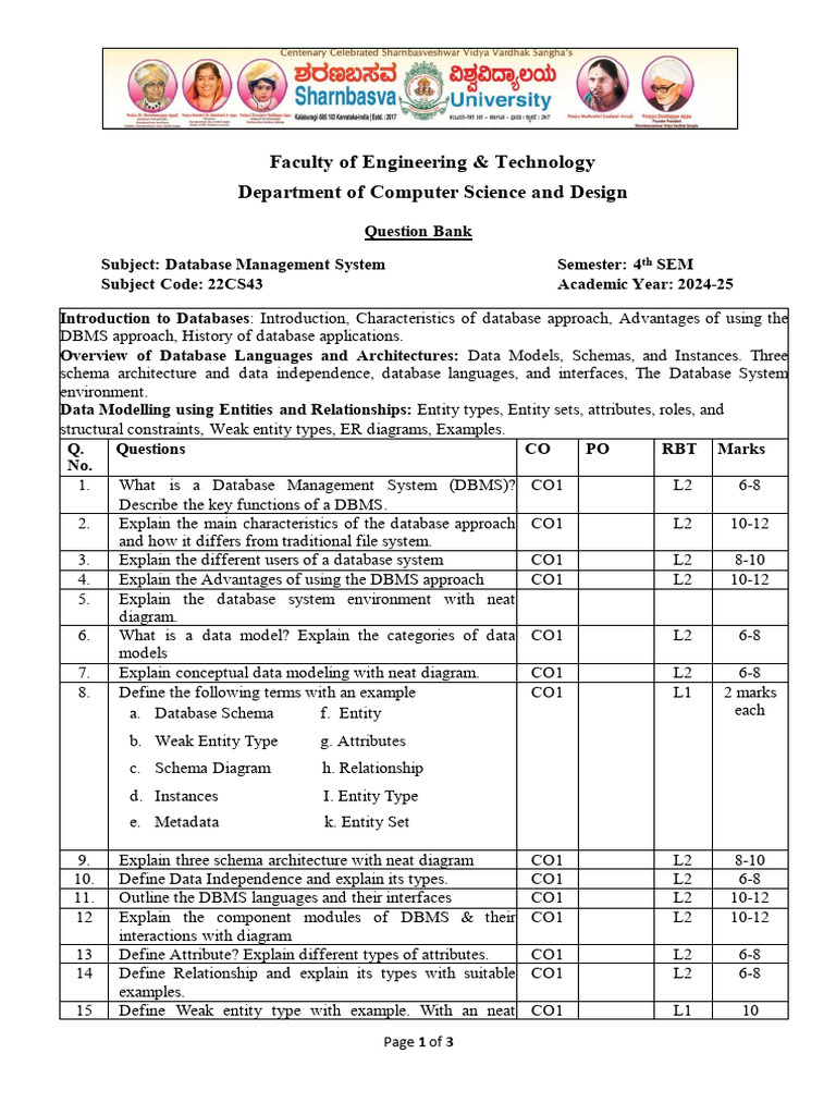 DBMS Question Bank 22CS43 | PDF | Databases | Relational Model