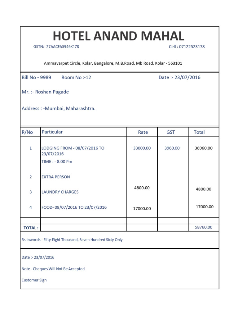 Hotel Bill Format with GST Details | PDF