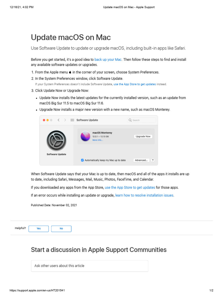 Update Macos On Mac: Start A Discussion in Apple Support Communities | PDF