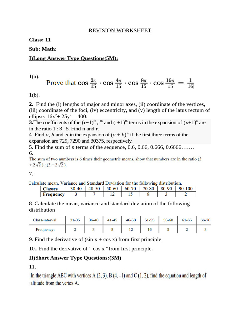 11th Class - Revision Worksheet | PDF | Mathematical Analysis ...