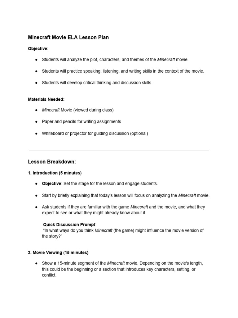 Minecraft Movie ELA Lesson Plan | PDF | Communication | Cognition