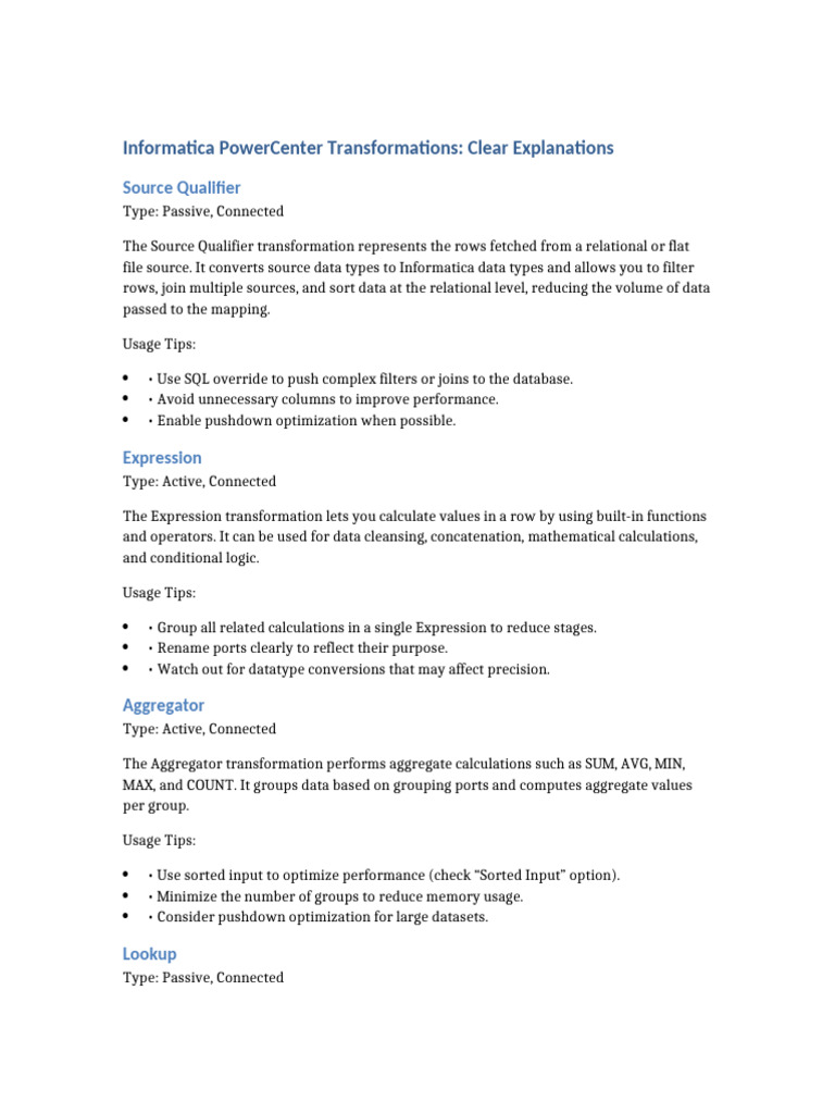 Informatica Transformations Explanation | PDF | Databases | Cache (Computing)