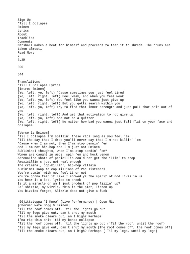 Eminem's 'Till I Collapse Lyrics | PDF | Hip Hop | African American Music