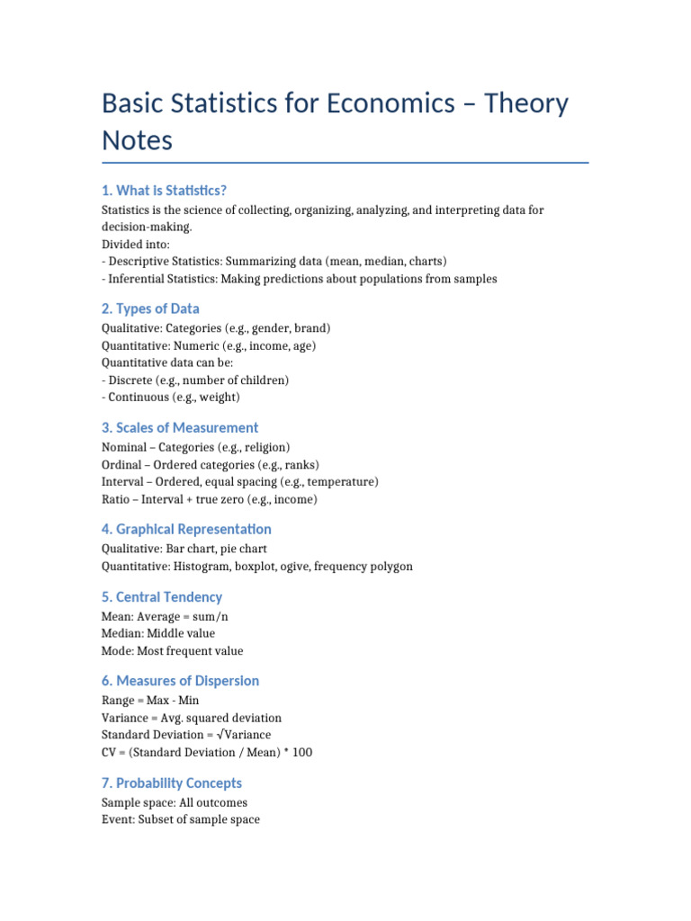 Basic Statistics for Economics Overview | PDF
