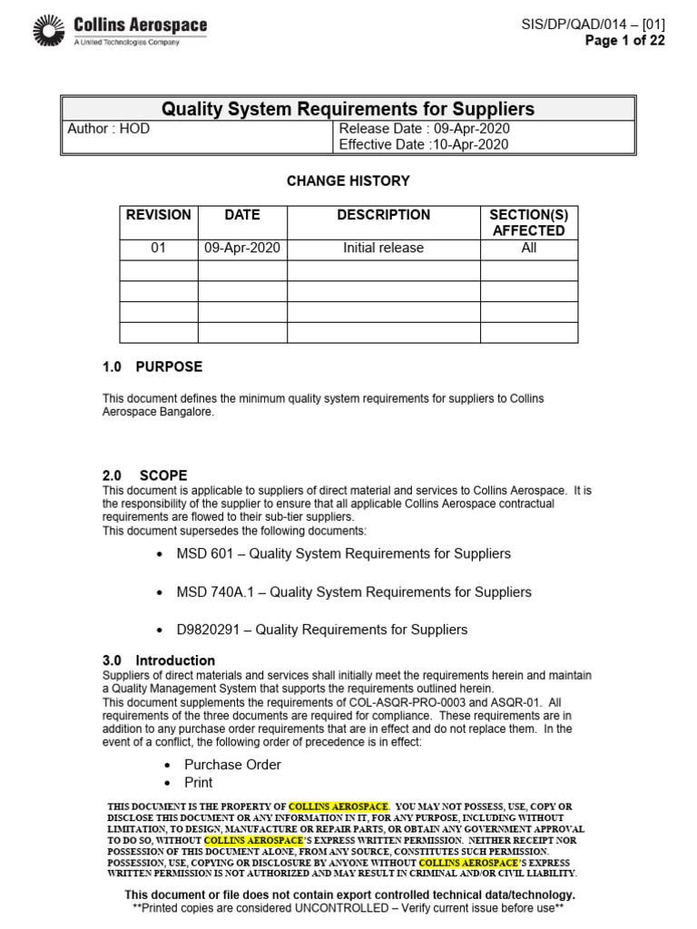 SIS DP QAD 014 01 Quality System Requirements For Suppliers Bangalore ...
