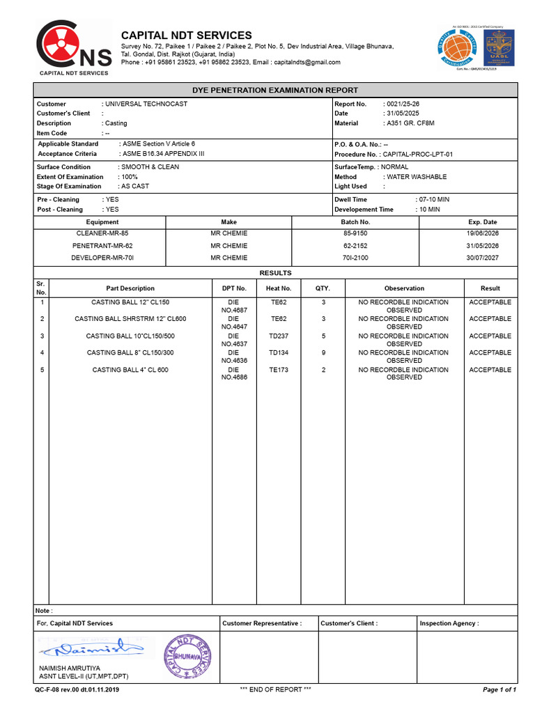 Dye Penetration Examination Report | PDF | Nondestructive Testing ...