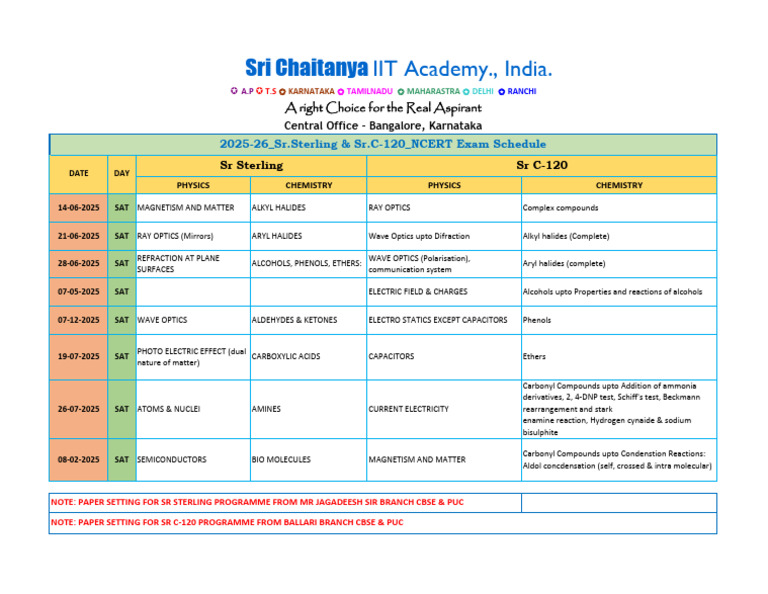 2025-2026 SR - Sterling & Sr.c-120 Ncert Exam Schedule | PDF | Ether | Optics
