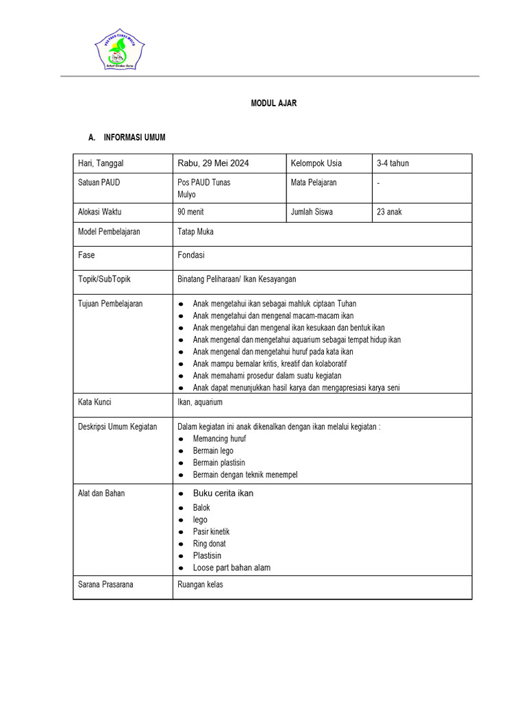Modul Ajar Tema Ikan untuk PAUD | PDF