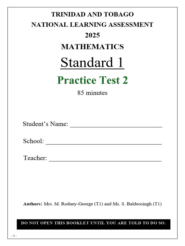 Standard 1 Mathematics Assessment 2025 | PDF