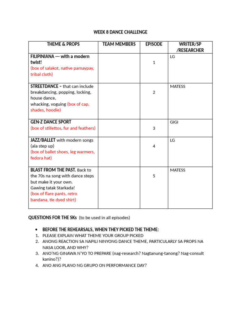 Week 8 Dance Challenge Details | PDF