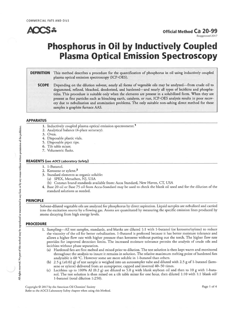 AOCS Ca20-99 (Phosphorus in Oil by Inductively Coupled Plasma Optimal Emission Spectroscopy) | PDF