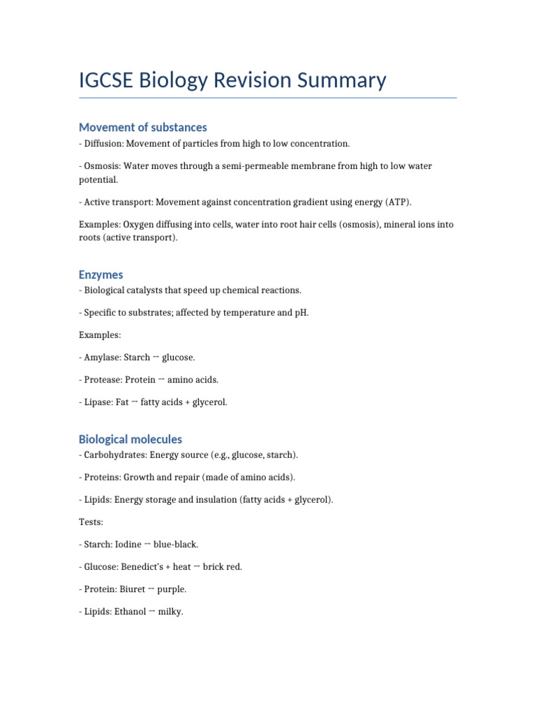 IGCSE Biology Revision Summary-1 | PDF | Circulatory System | Glucose