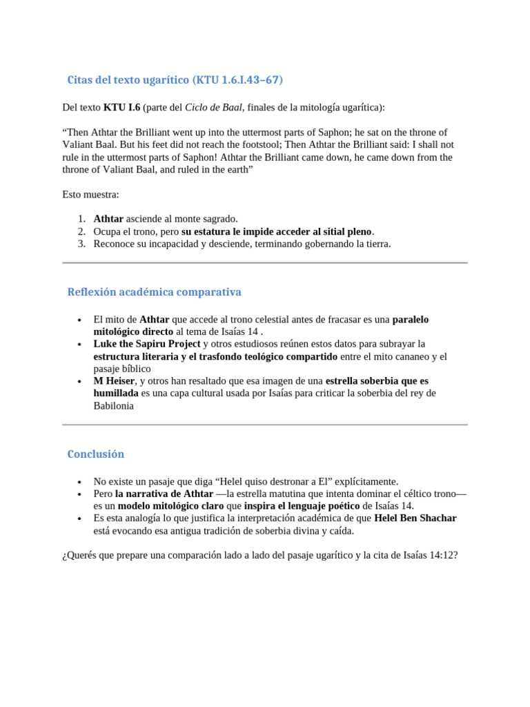 Mito de Athtar y su paralelismo en Isaías | PDF