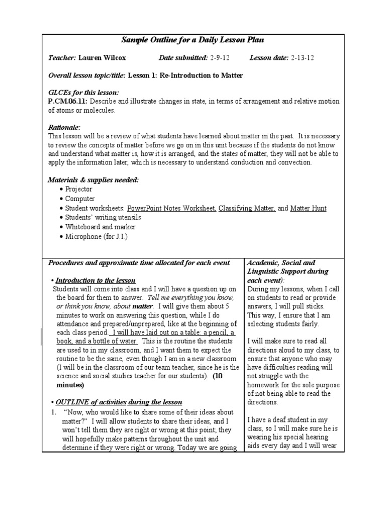 Daily Lesson Plan: Matter Basics | PDF | Homework | Classroom