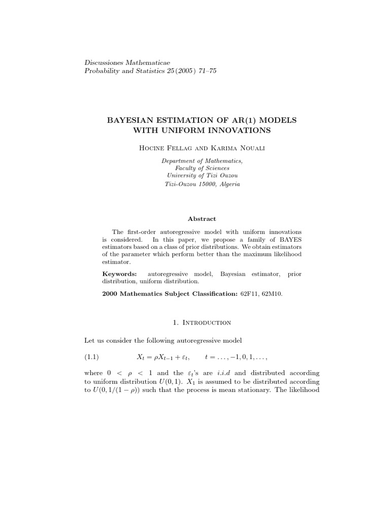 Bayesian Estimation of AR 1 Models | PDF | Bayesian Inference | Estimator