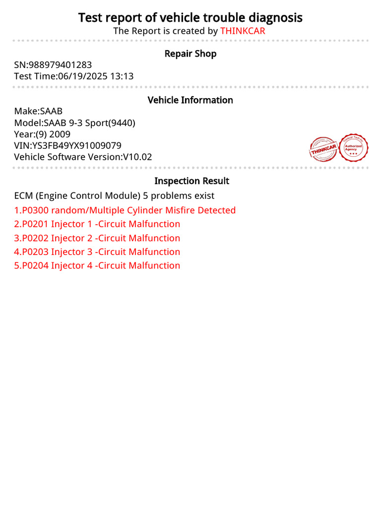 Test Report of Vehicle Trouble Diagnosis: Thinkcar | PDF