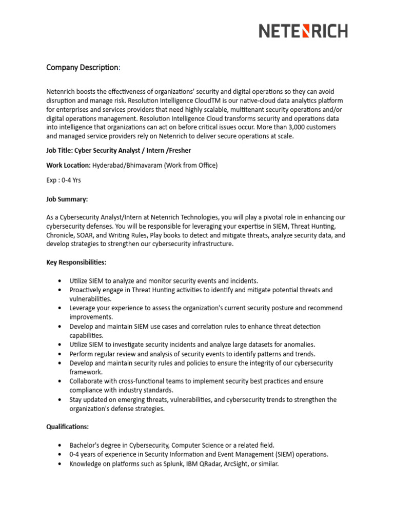 Cyber Security Analyst Internship in Hyderabad | PDF | Computer ...