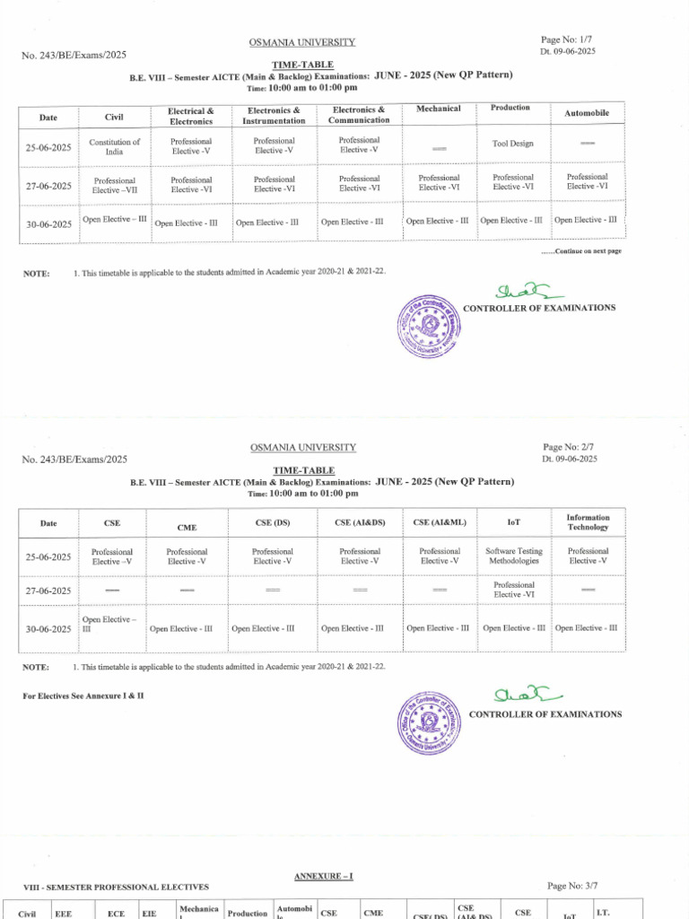 OU B.E VIII-Semester AICTE (Main & Backlog) Exams Time Table - June 2025 | PDF