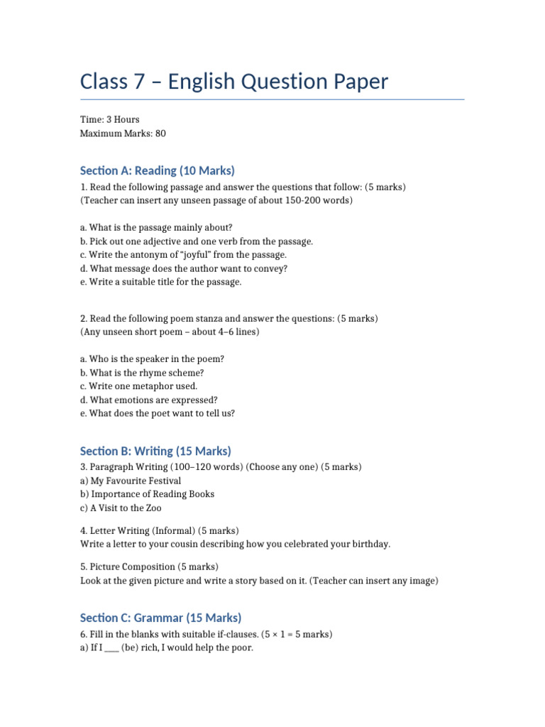 Class 7 English Question Paper | PDF | Poetry