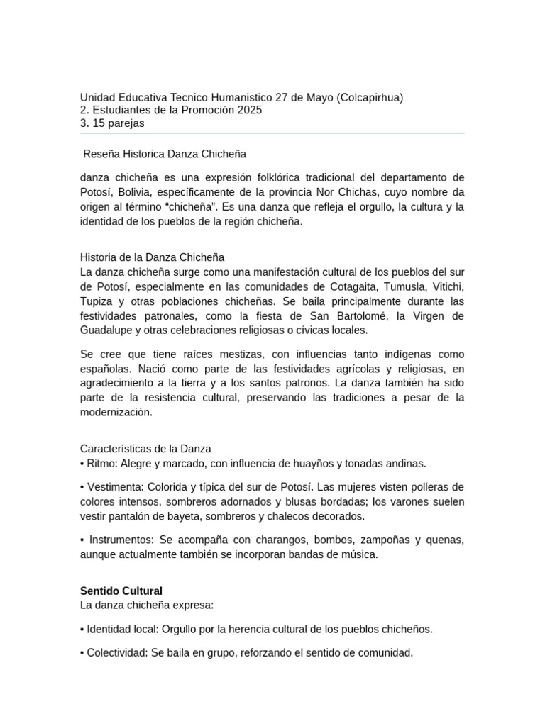Danza Chicheña 27 de Mayo Colcapirhua | PDF