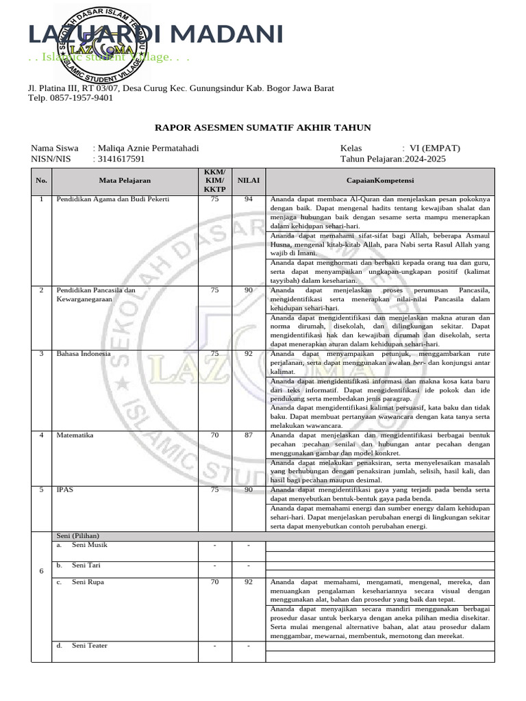 Rapot Asat Kelas 4 Maliqa Aznie 2024-2025 | PDF