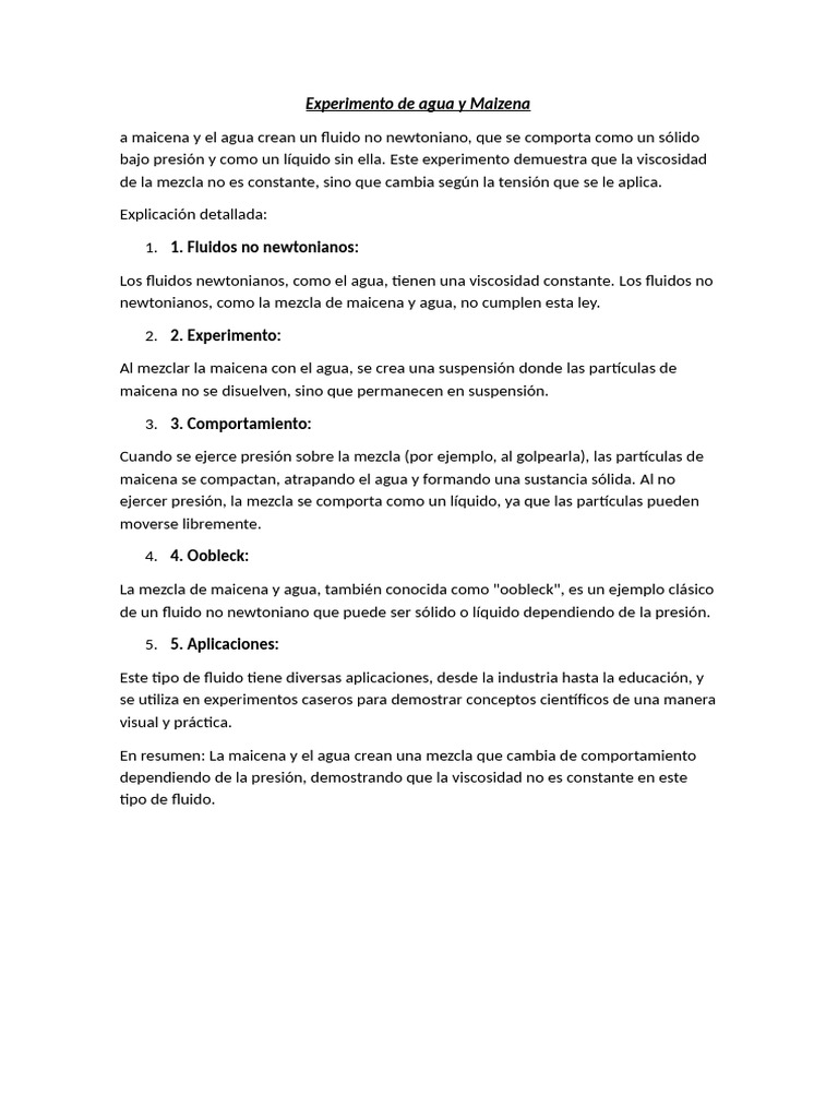 Experimento de Oobleck: Maicena y Agua | PDF