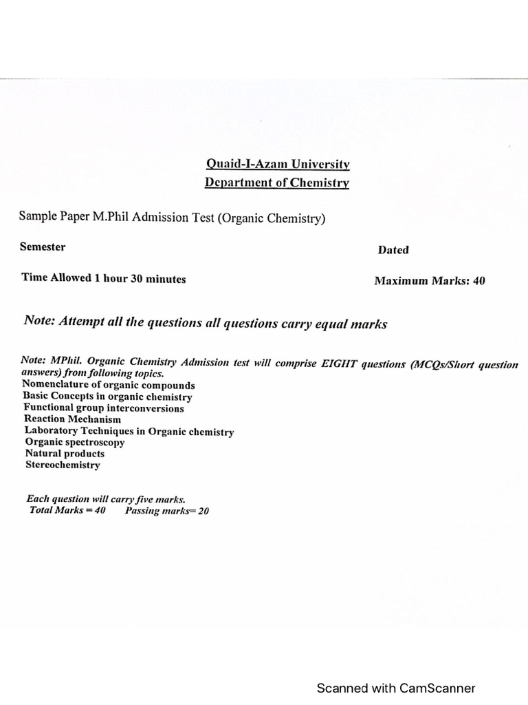 Mphil-Organic Chemistry (Sample Test) | PDF