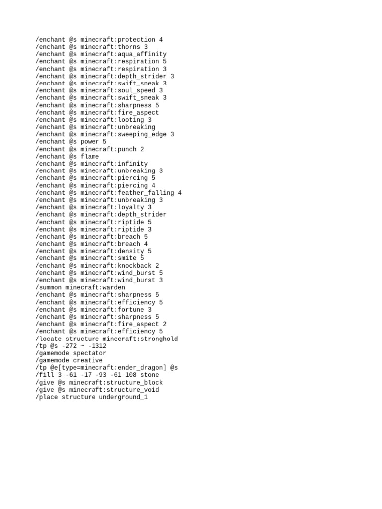 Minecraft Enchantment Command List | PDF