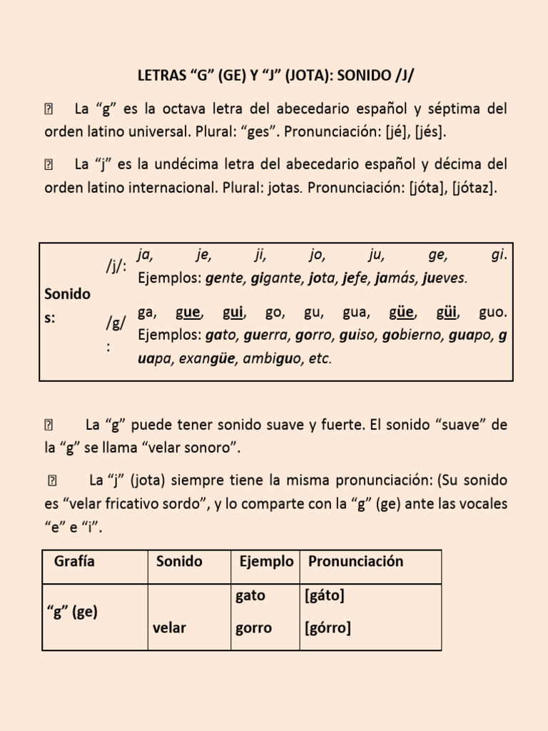 Letras "G" (Ge) Y "J" (Jota) : Sonido /J/: Ge Gi Jo Je Ja Ju | PDF | Verbo | Conjugación gramatical