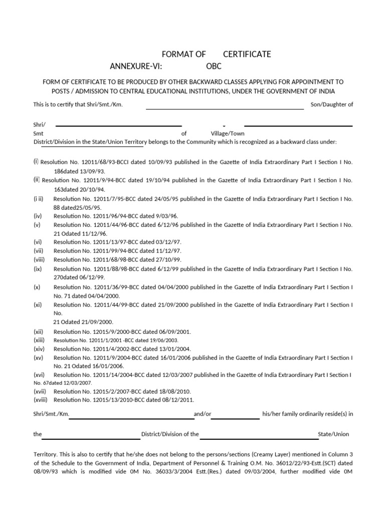 OBC-NCL Certificate Format | PDF | Government | Politics Of India