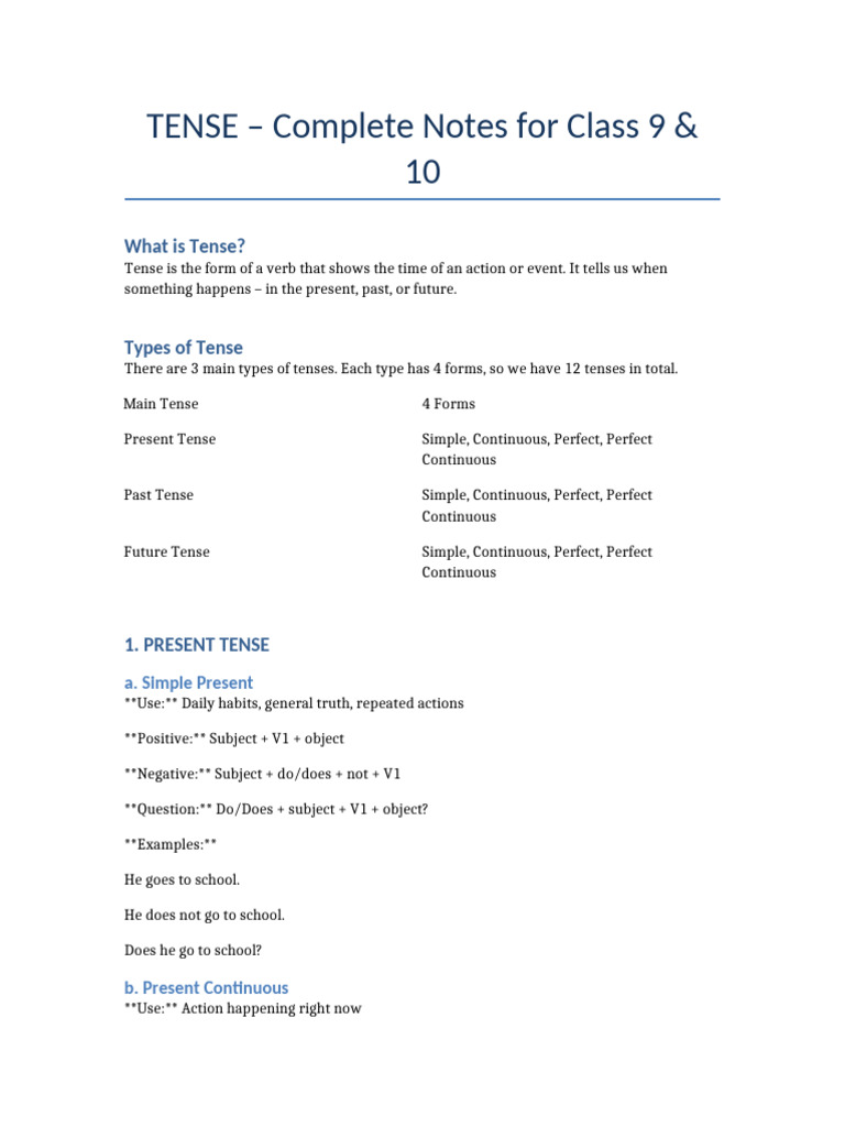Tense Complete Notes Class 9 10 | PDF | Grammatical Tense | Grammar