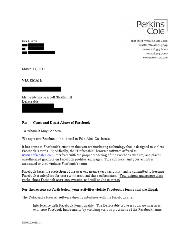 Defaceable - C&D Letter (Redacted) | Download Free PDF | Facebook ...