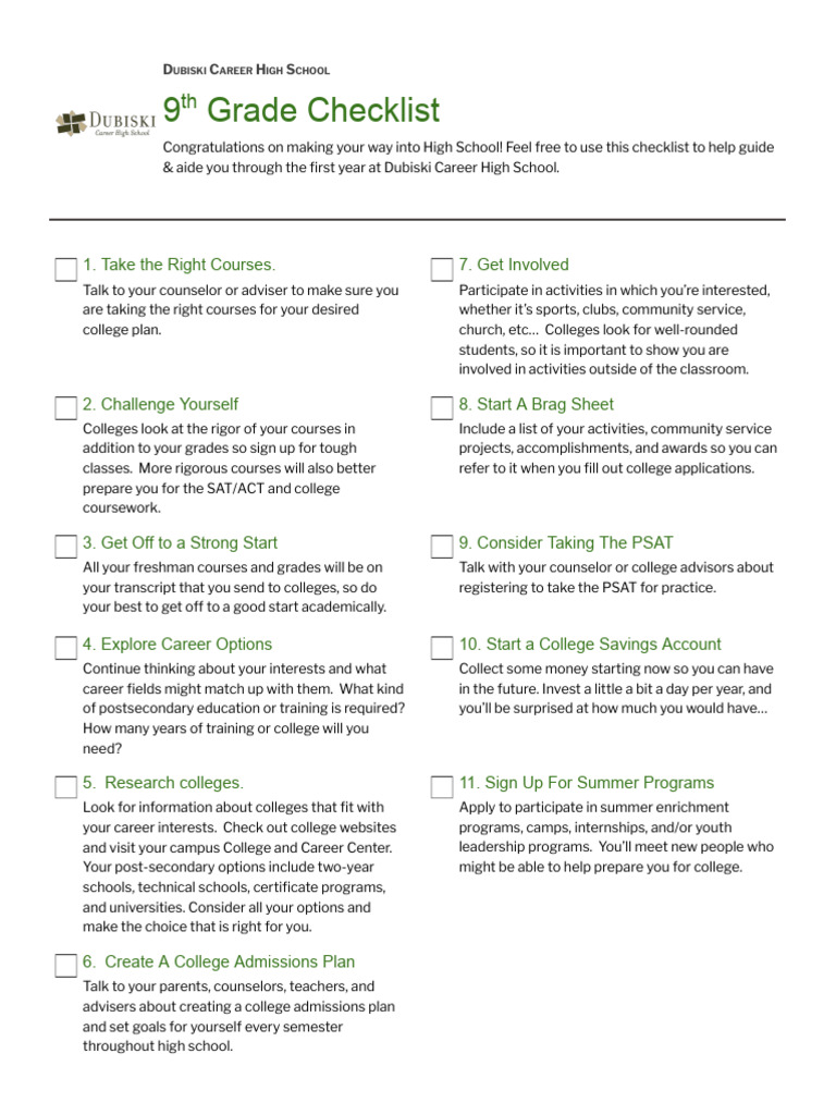 Dubiski Career H S - Student Checklists | PDF | University And College ...