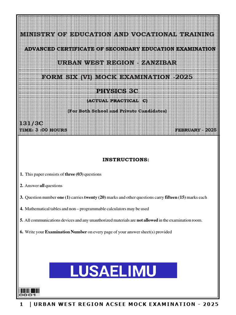 Mock Zanzibar Form Six - 2025. | PDF | Temperature | Pendulum