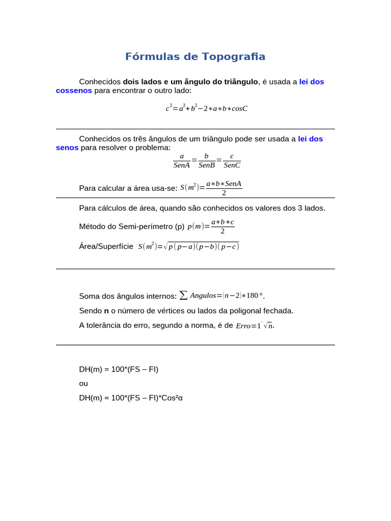Fórmulas Essenciais de Topografia | PDF