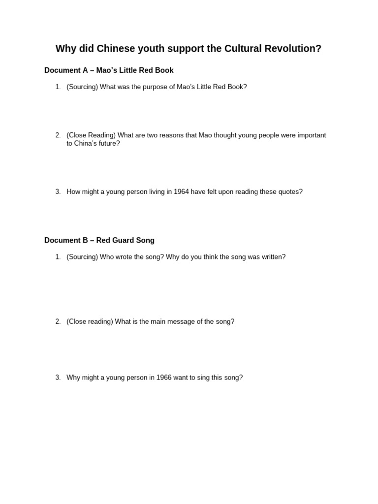 Maos Cultural Revolution - Student Worksheet | PDF
