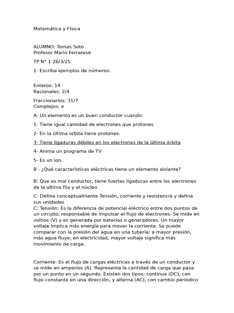 Trabajo Matyfisica 1 Tomas Soto | PDF | Corriente eléctrica | voltaje